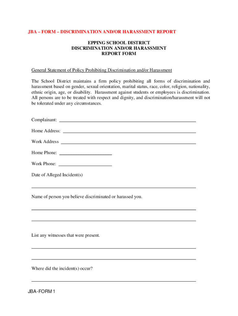 Fillable Online jba form discrimination and/or harassment report Fax ...