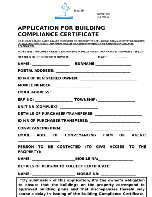 application for building compliance certificate Doc Template | pdfFiller