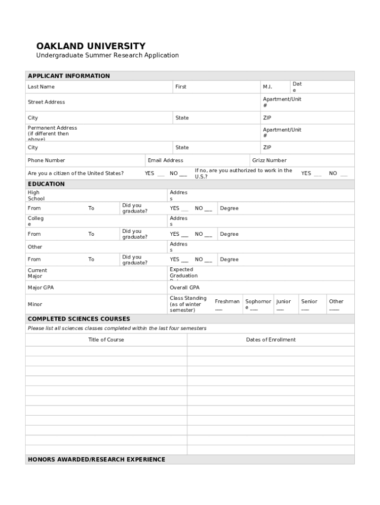 Undergraduate Summer Research Application Doc Template | pdfFiller