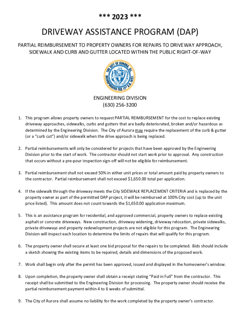 Fillable Online DRIVEWAY ASSISTANCE PROGRAM (DAP) - Aurora Fax Email ...