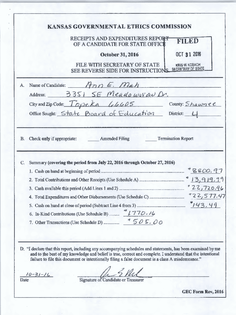 Fillable Online ethics ks RECEIPTS AND EXPENDITURES REPou-: .. 7 ...