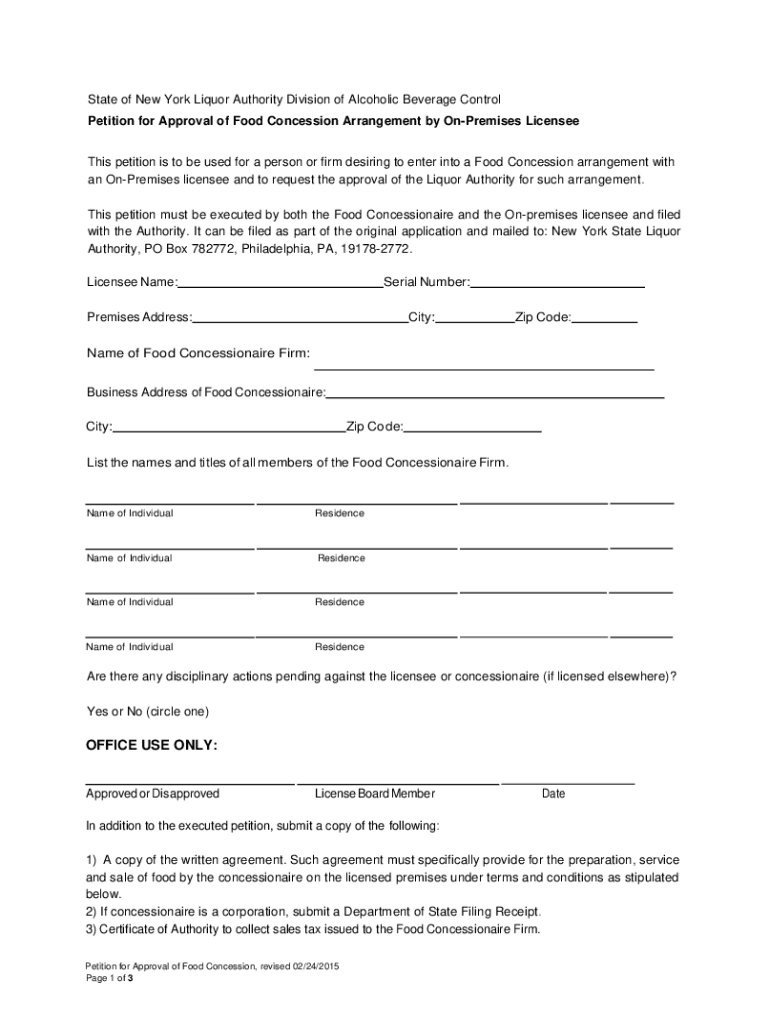 Fillable Online sla ny Petition for Approval of Food Concession Arrangement by On ... Fax Email ...