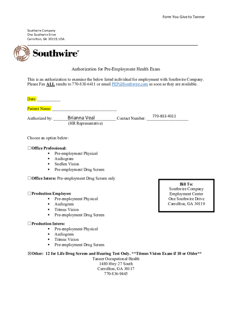 Fillable Online Authorization for Pre-Employment Health Exam Fax Email Print - pdfFiller