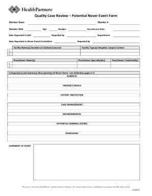 Fillable Online Quality Case Review Potential Never Event Form Fax ...