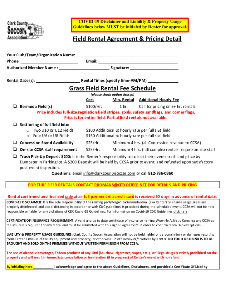 Fillable Online Field Rental Agreement & Pricing Detail Grass Field ...