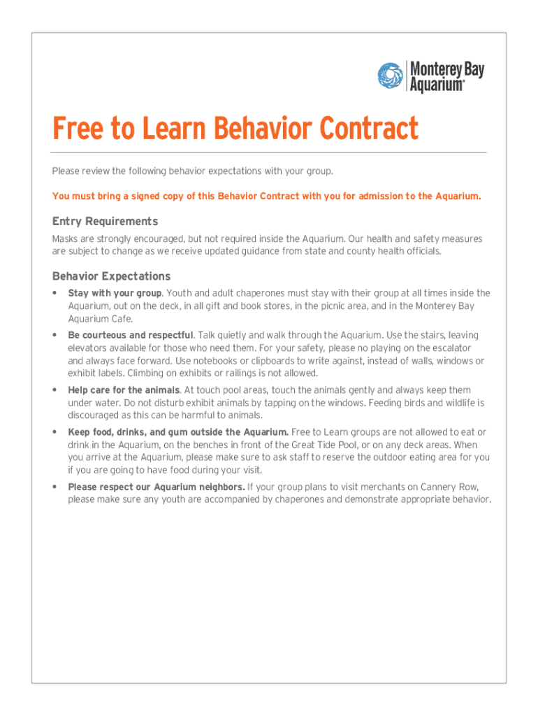 Fillable Online Free to Learn behavior contractField Trips at the ...