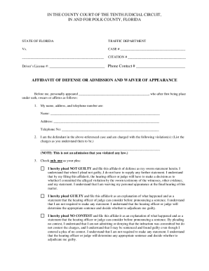 Fillable Online Affidavit of Defense or Admission and Waiver of ...