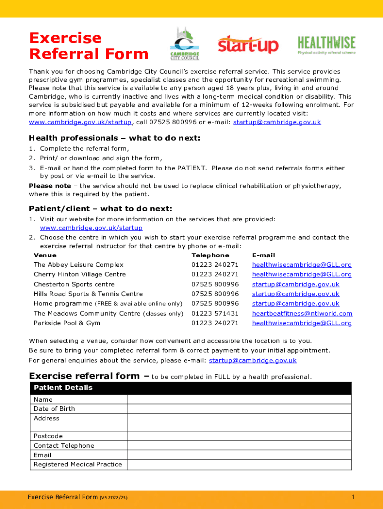 Fillable Online Exercise referral service application form - Cambridge ...