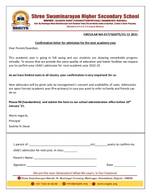 Fillable Online Confirmation letter for admission for the next academic ...