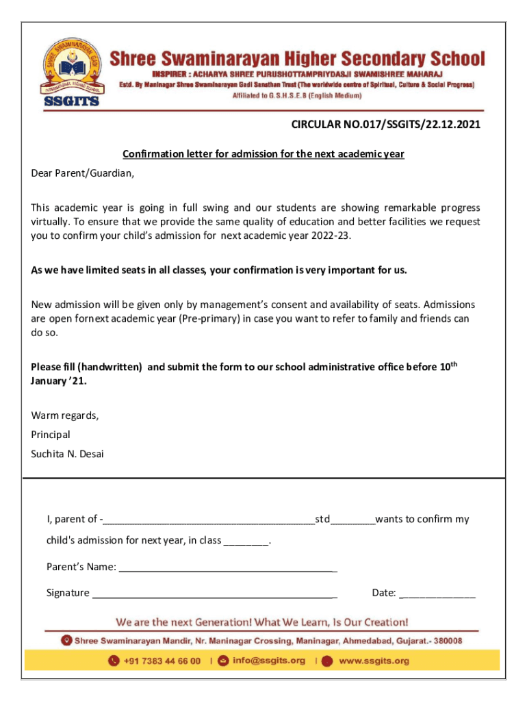 Fillable Online Confirmation letter for admission for the next academic ...