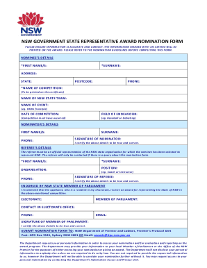 Fillable Online nsw government state representative award nomination ...