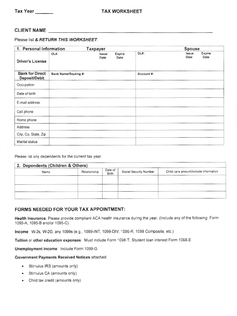 Fillable Online Tax Year CLIENT NAME TAX WORKSHEET FORMS NEEDED FOR ...