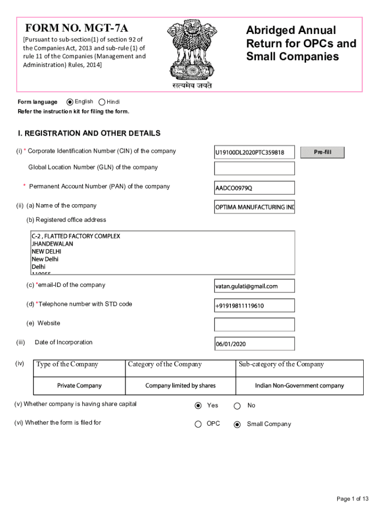 Fillable Online FORM NO. MGT-7A Abridged Annual Return for OPCs and ...