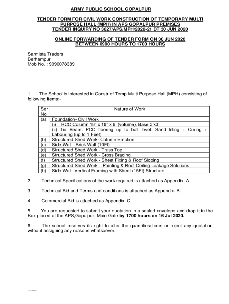 Fillable Online ARMY PUBLIC SCHOOL GOPALPUR TENDER FORM ... Fax Email ...