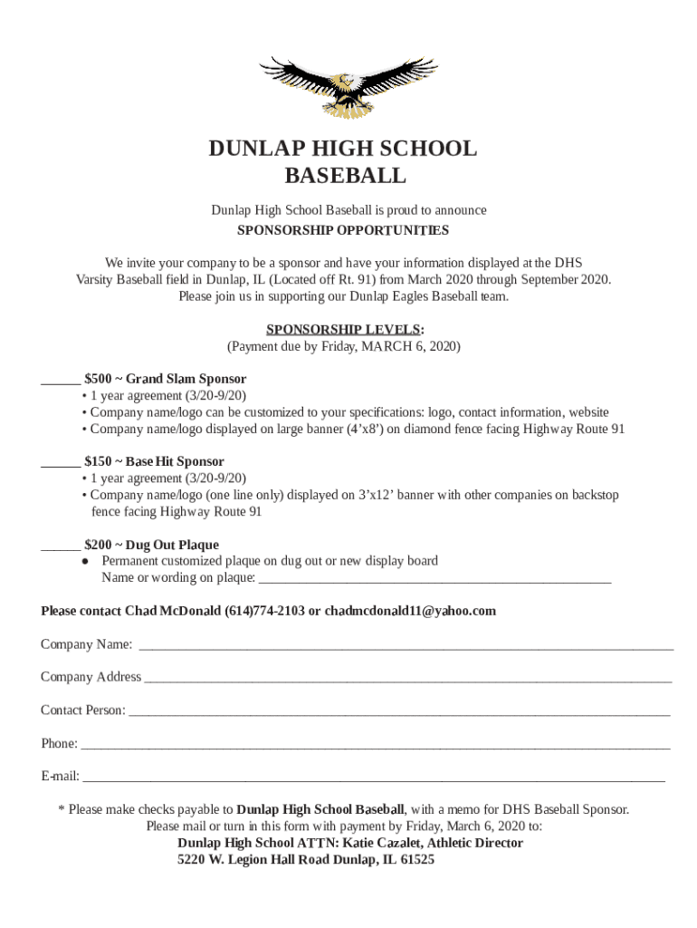 Fillable Online High School Baseball Sponsorship Fax Email Print ...