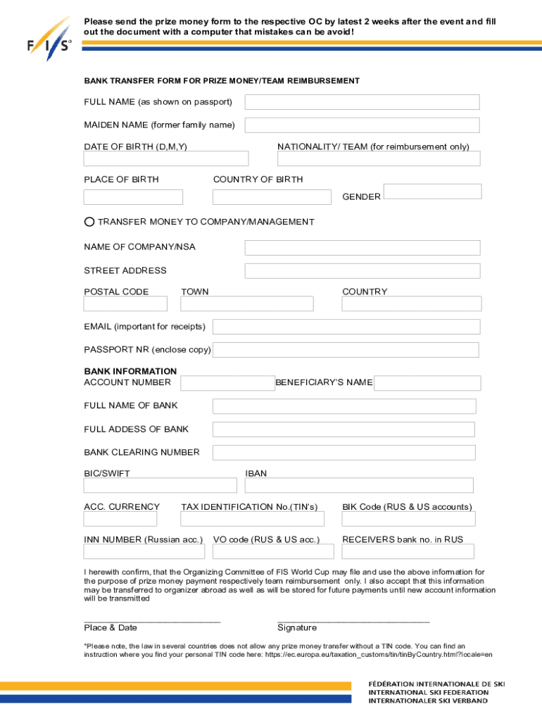 Fillable Online bank transfer form for prize money/team reimbursement ...