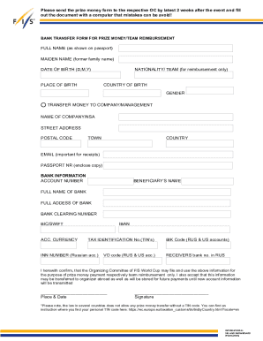Fillable Online Bank Transfer Form Prize Money & Team Reimbursement Fax ...