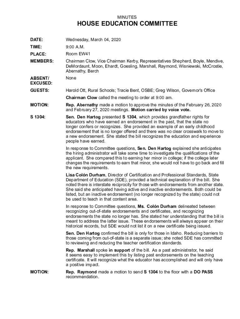 Fillable Online legislature idaho Harold Ott, Rural Schools; Tracie ...