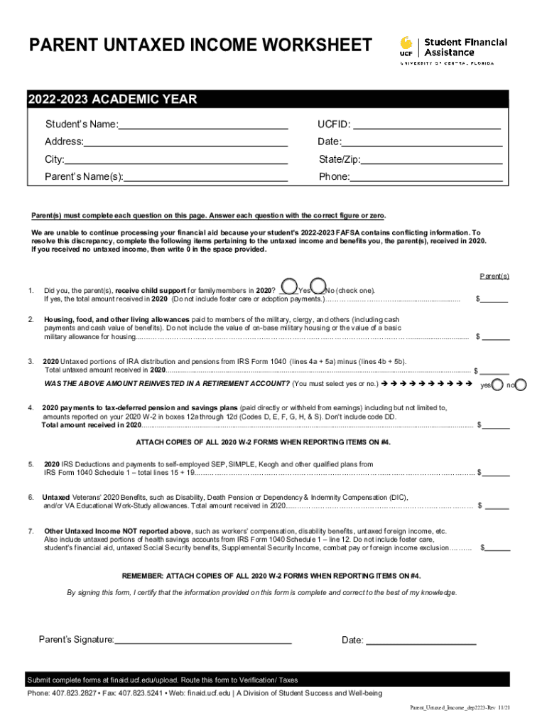 Fillable Online PARENT UNTAXED INCOME WORKSHEET Fax Email Print - pdfFiller