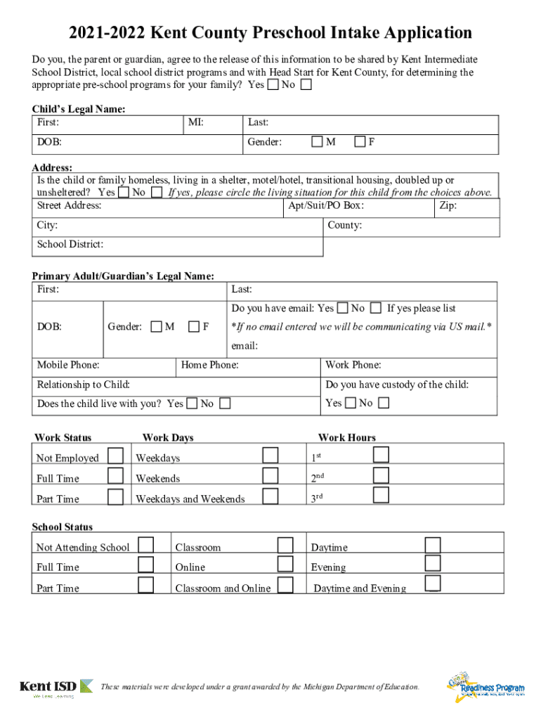 Fillable Online Apply - Kent County Preschool Intake Fax Email Print ...