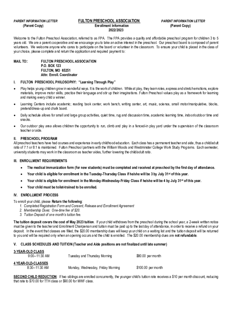 Fillable Online PARENT INFORMATION LETTER Fax Email Print - pdfFiller