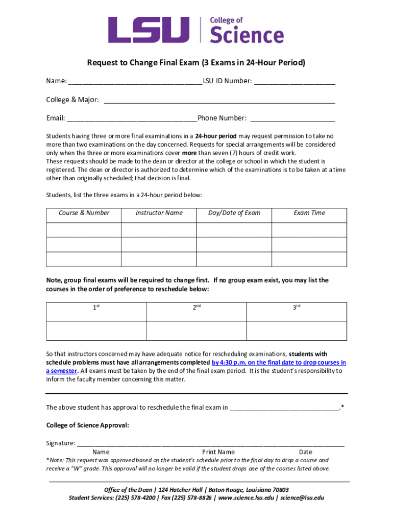 Fillable Online LSU College of Science Request to Change Final Exam (3 ...