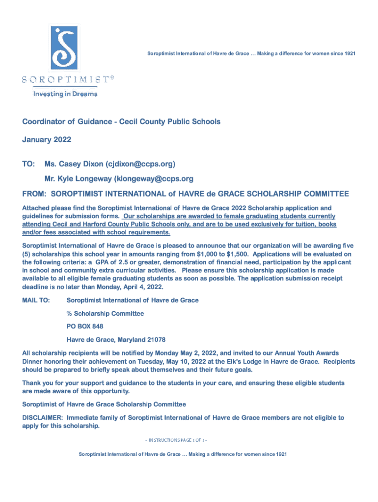 Fillable Online Soroptimist International of Havre de Grace Making a difference for women since ...