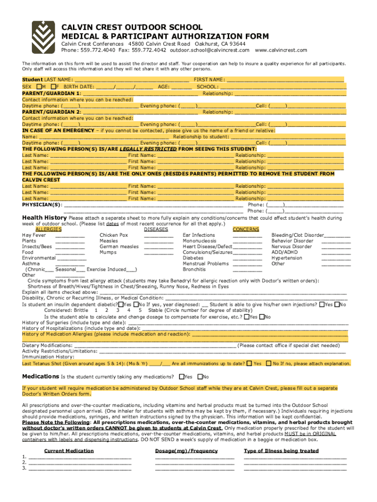 Fillable Online High School Camp - Calvin Crest - Find Your Identity ...