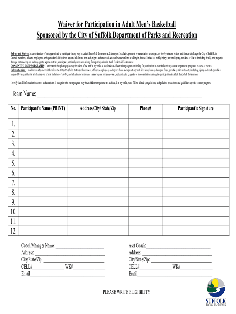 Fillable Online Adult Basketball Waiver Form Fax Email Print - pdfFiller