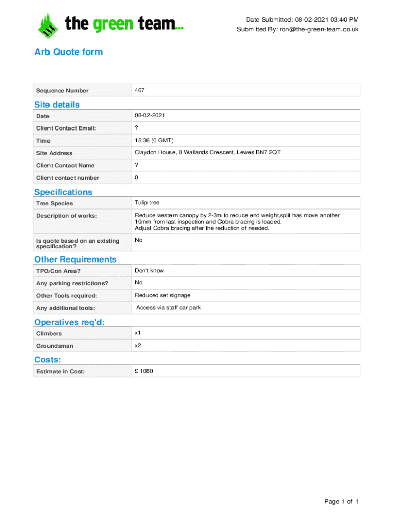 Fillable Online Arb Quote form Fax Email Print - pdfFiller