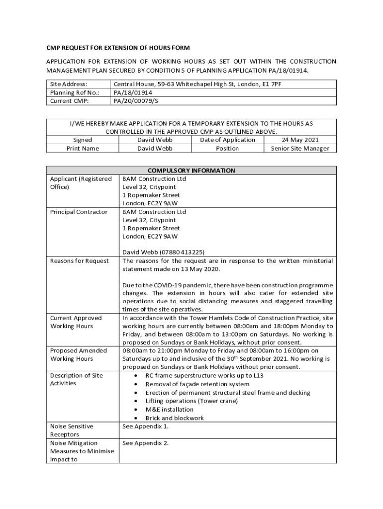 Fillable Online BAM Central House CMP Request For Extension Of Hours ...