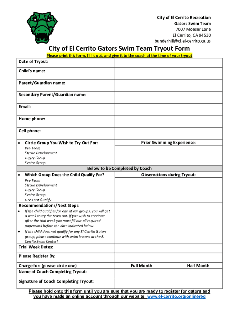 Fillable Online City of El Cerrito Gators Swim Team Tryout Form Fax ...