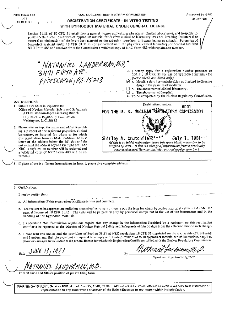 Fillable Online NRC Form 483, "Registration Certificate Fax Email Print ...