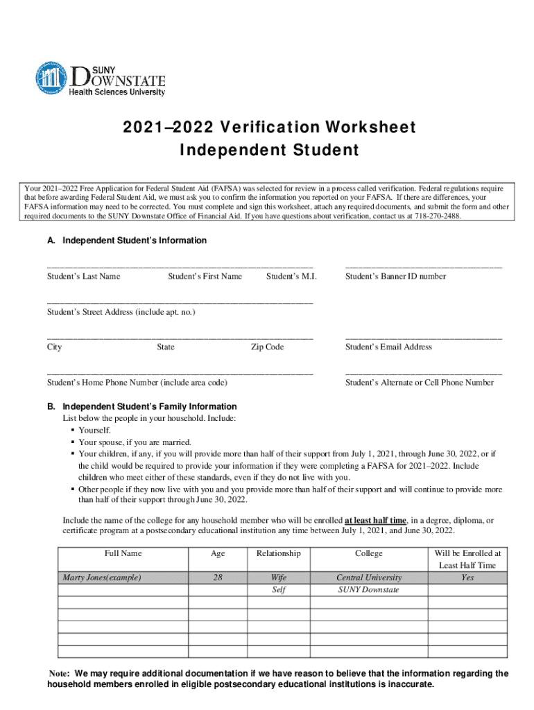 Fillable Online Independent Verification Worksheet 2021-2022 Federal ...