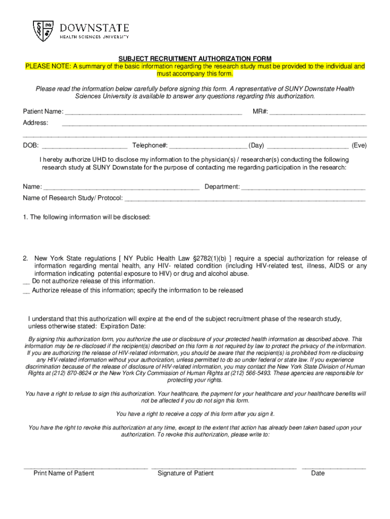 Fillable Online subject recruitment authorization form Fax Email Print ...