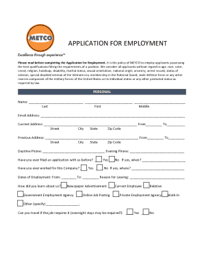 Fillable Online METCO Application for Employment Fax Email Print - pdfFiller