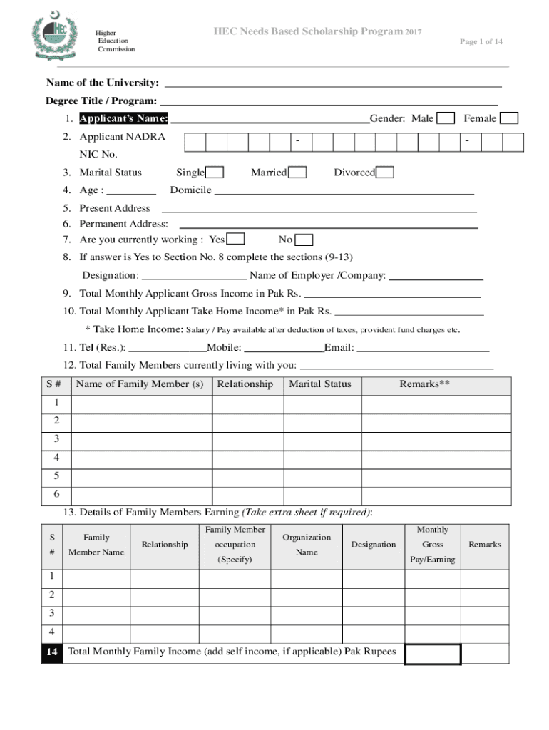 Fillable Online Application Form For Hec Needs Based Scholarship