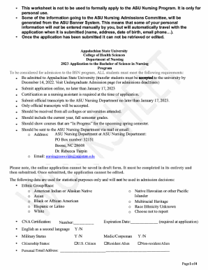Fillable Online nursing appstate This worksheet is not to be used to formally apply to the ASU ...
