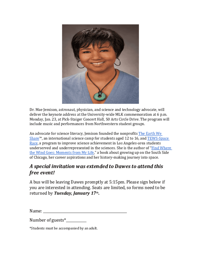 Fillable Online Dr. Mae Jemison, The First Black Woman in Space, Talks ...