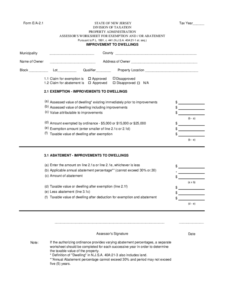 Fillable Online Form E/A-2.1 STATE OF NEW JERSEY Tax Year ... Fax Email ...