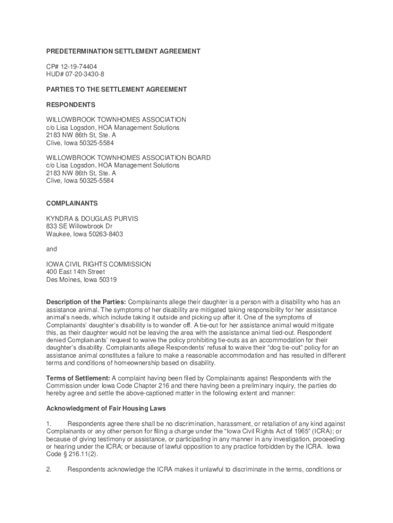 Fillable Online PREDETERMINATION SETTLEMENT AGREEMENT CP# 12-19 ... Fax ...