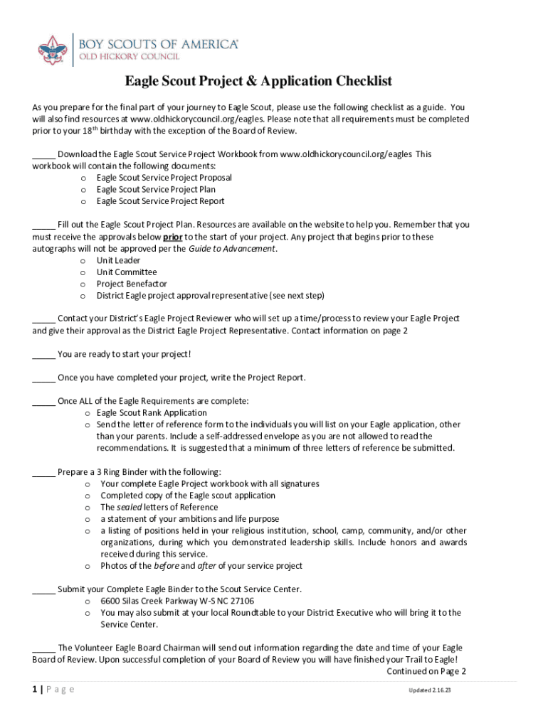 Fillable Online Eagle Scout Project & Application Checklist Old Hickory ...