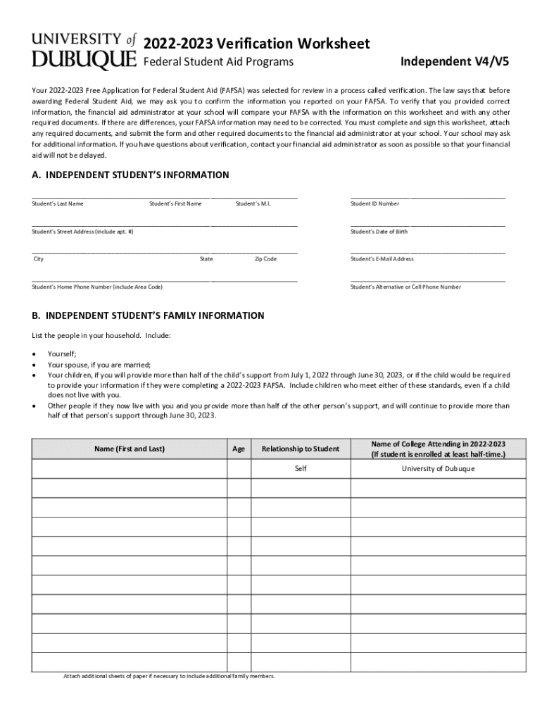 Fillable Online 2022-2023 Verification Worksheet - Federal Student Aid Programs Fax Email Print ...