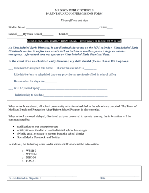 Fillable Online Early Dismissal Form. Ryerson School Fax Email Print ...