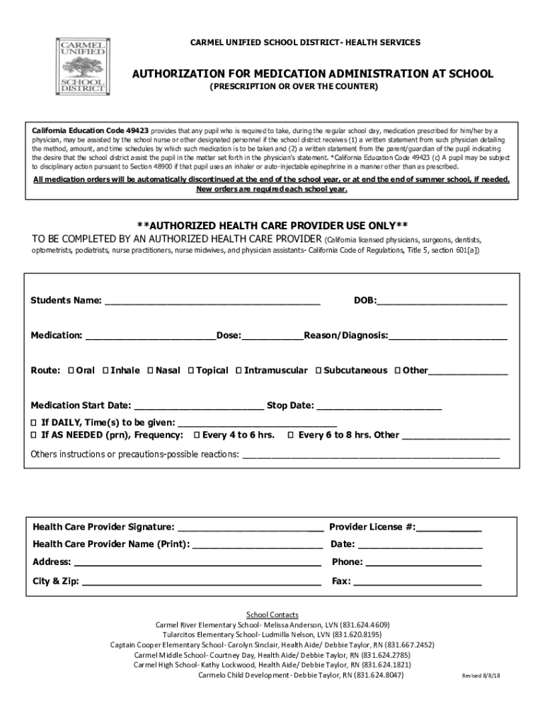 Fillable Online Authorization for Medication Administration at School ...