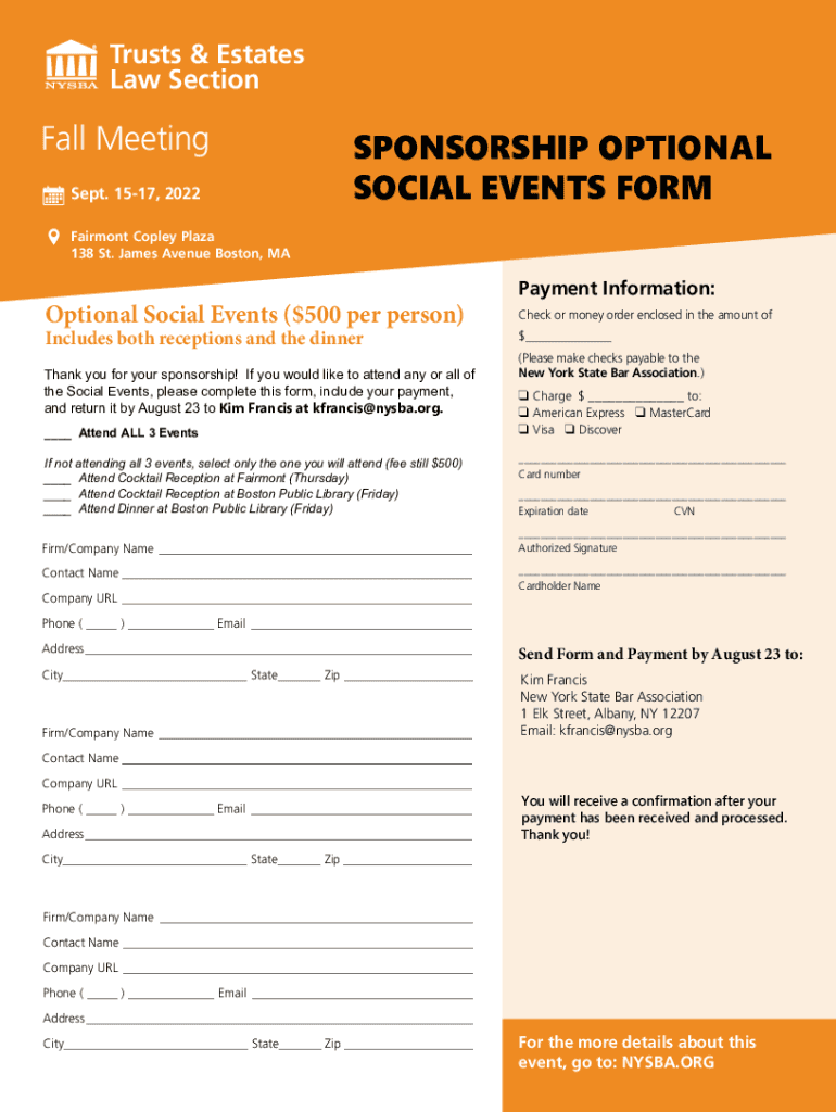 Fillable Online Sponsorship Optional Social Events Form Fax Email Print ...