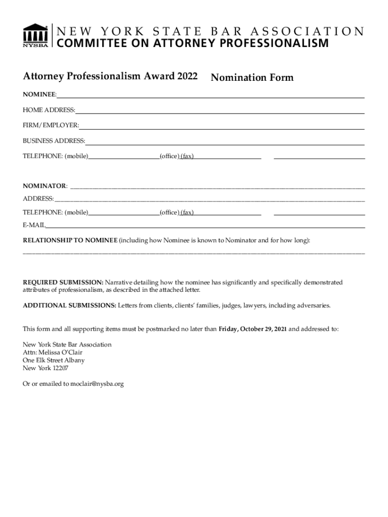 Fillable Online Attorney Professionalism Award 2022 Nomination Form Fax Email Print - pdfFiller