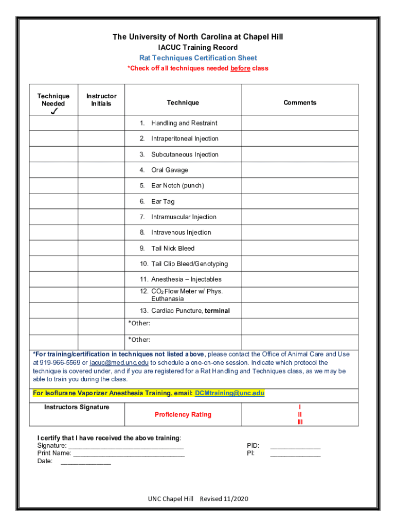 Fillable Online IACUC Training Record - Rat Techniques Certification ...
