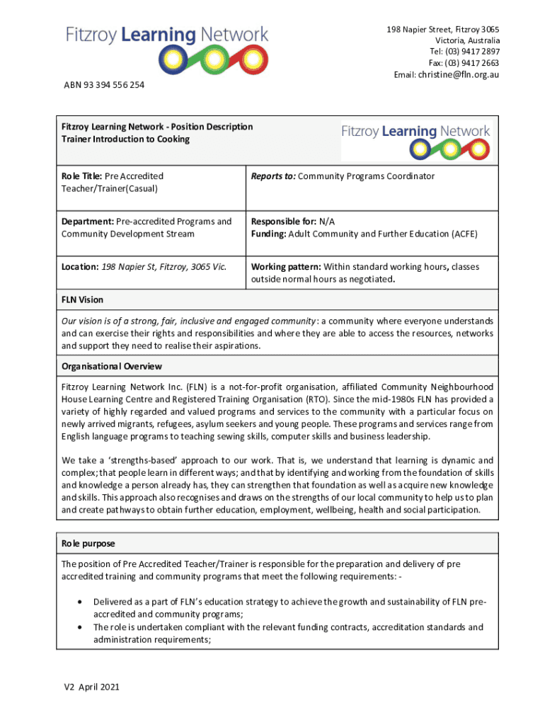Fillable Online Fitzroy Learning NetworkNapier Street, Fitzroy, VIC Fax Email Print - pdfFiller