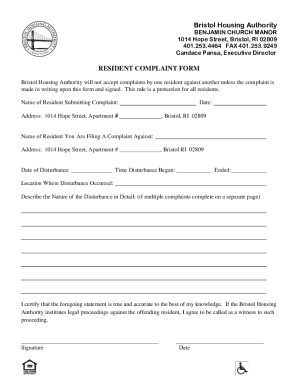 Fillable Online Bristol Housing Authority RESIDENT COMPLAINT FORM Fax ...